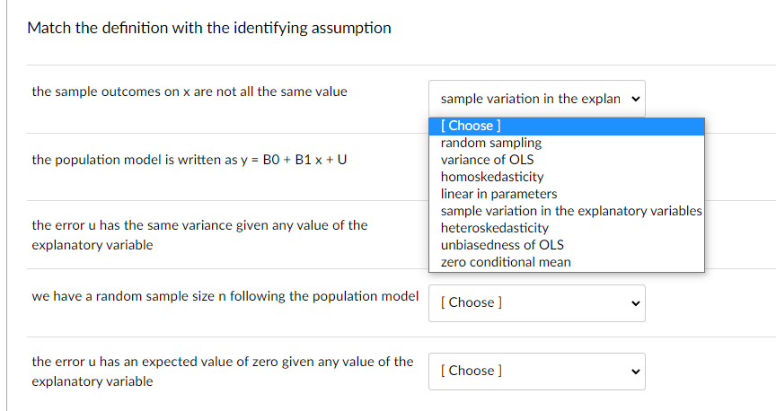 Solved Match the definition with the identifying assumption | Chegg.com