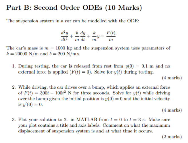Solved Part B: Second Order ODEs (10 Marks) The suspension | Chegg.com