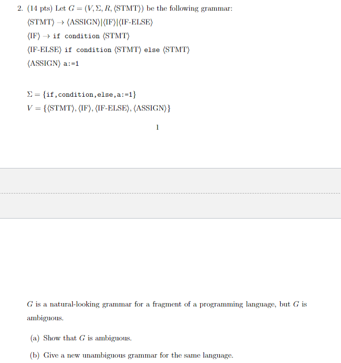 Solved 2. (14 pts) Let G = (V, E, R, (STMT)) be the | Chegg.com