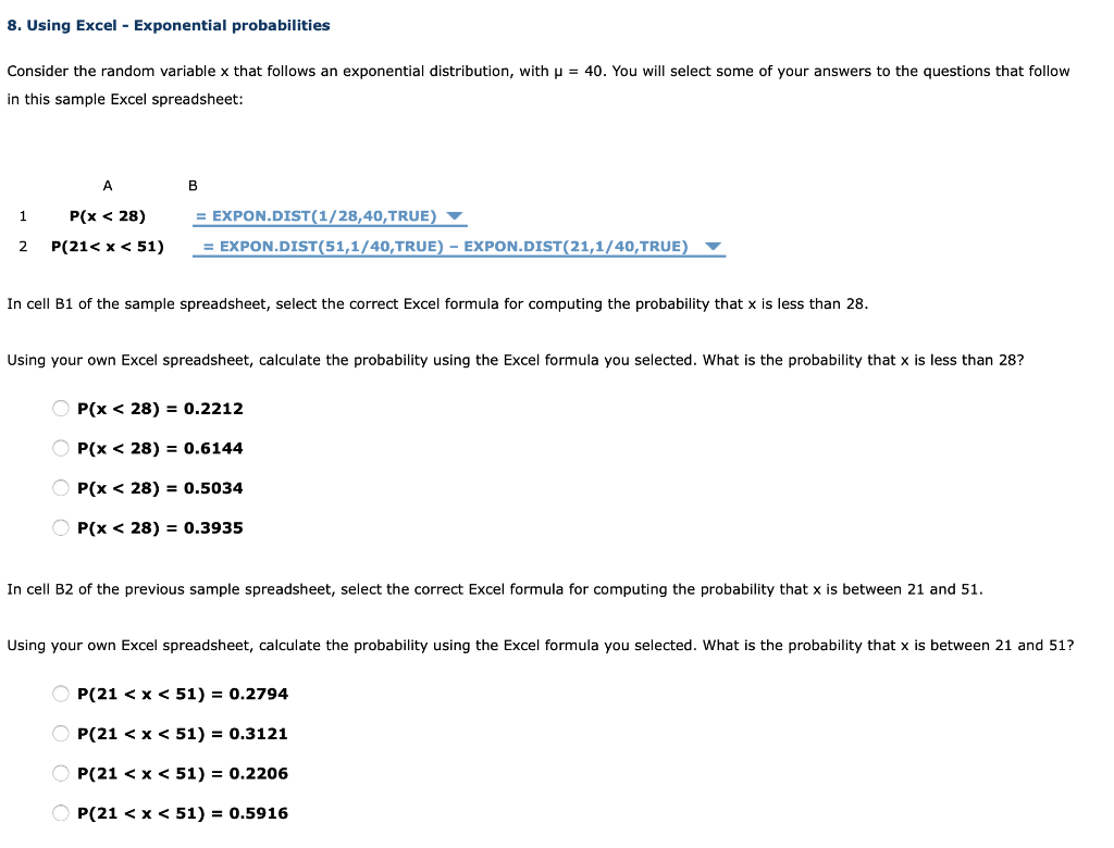 Solved 8. Using Excel - Exponential probabilities Consider | Chegg.com