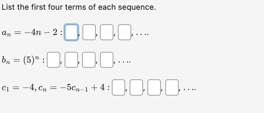 Solved solve all of them List the first four terms of each | Chegg.com