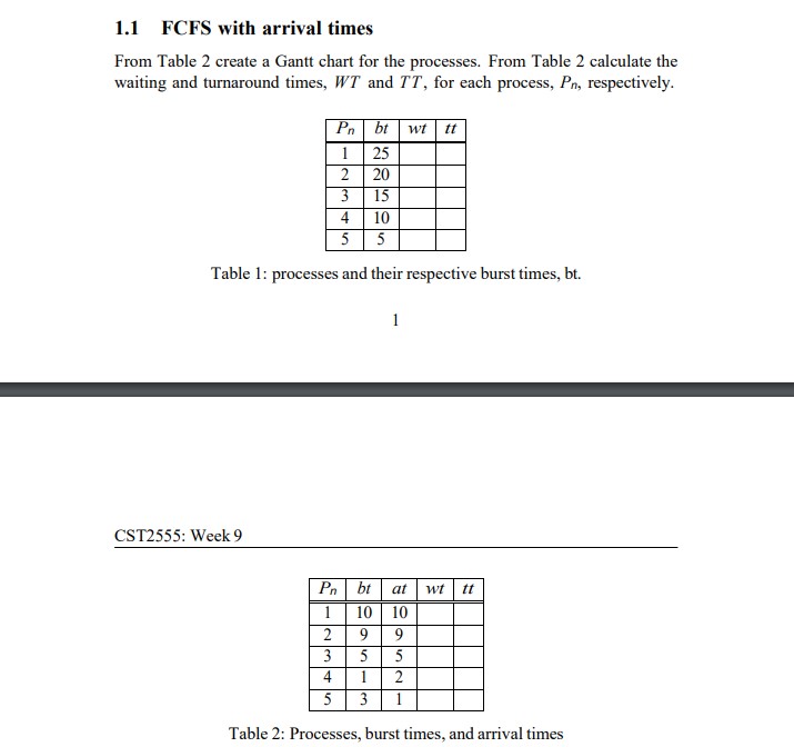Solved 1.1 FCFS with arrival times From Table 2 create a | Chegg.com