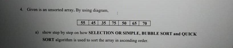 Solved 4. Given is an unsorted array. By using diagram, 55 | Chegg.com