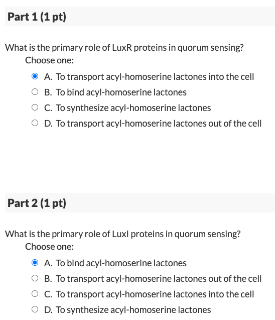 Solved Part 1 (1 pt) What is the primary role of LuxR | Chegg.com