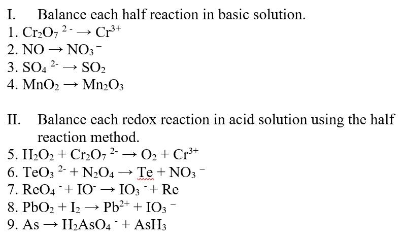 Solved I. Balance each half reaction in basic solution. 1. | Chegg.com