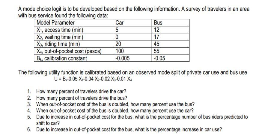 Solved A mode choice logit is to be developed based on the | Chegg.com