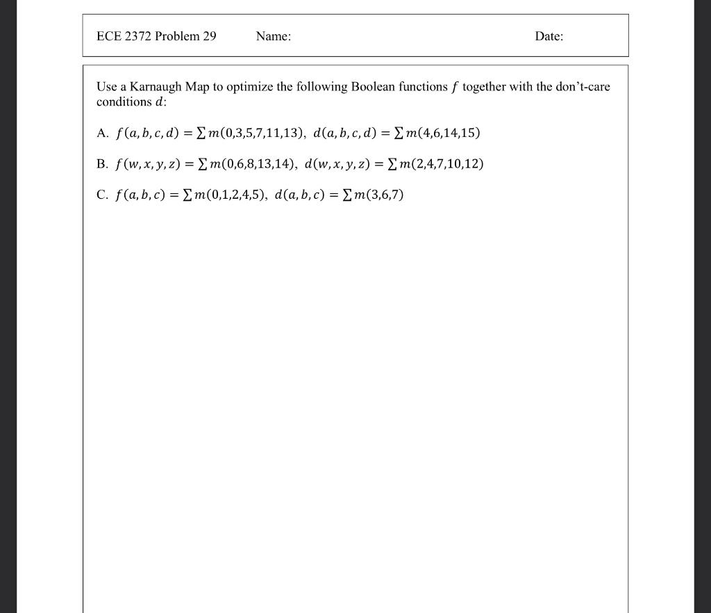 Solved Ece 2372 Problem 29 Name Date Use A Karnaugh Map To 
