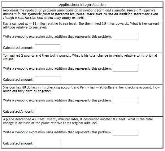 Solved Applications: Integer Addition Represent the | Chegg.com