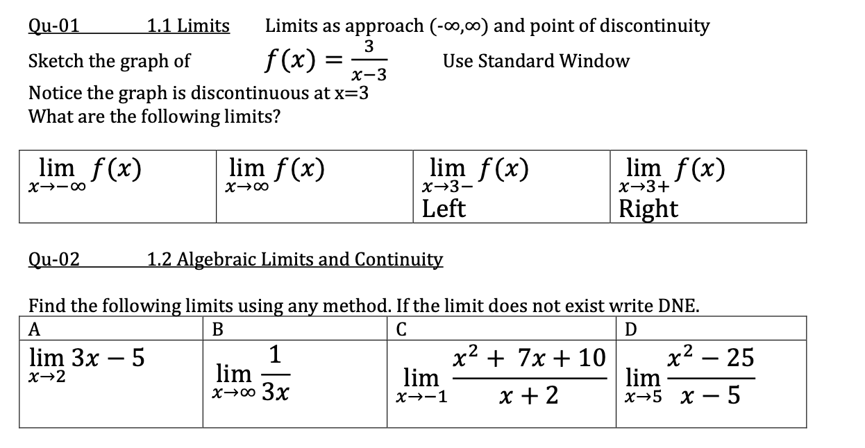 Solved Qu-01 1.1 Limits Limits as approach (-00,00) and | Chegg.com