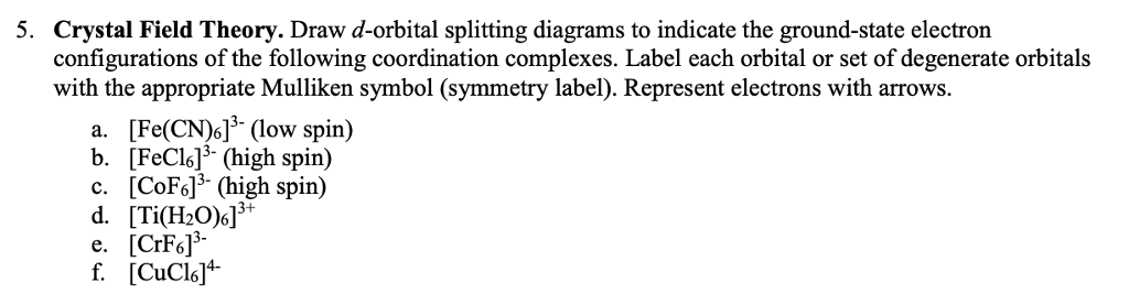 Solved 5. Crystal Field Theory. Draw d-orbital splitting | Chegg.com