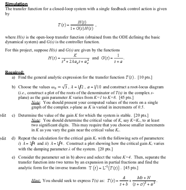 Simulation The transfer function for a closed-loop | Chegg.com