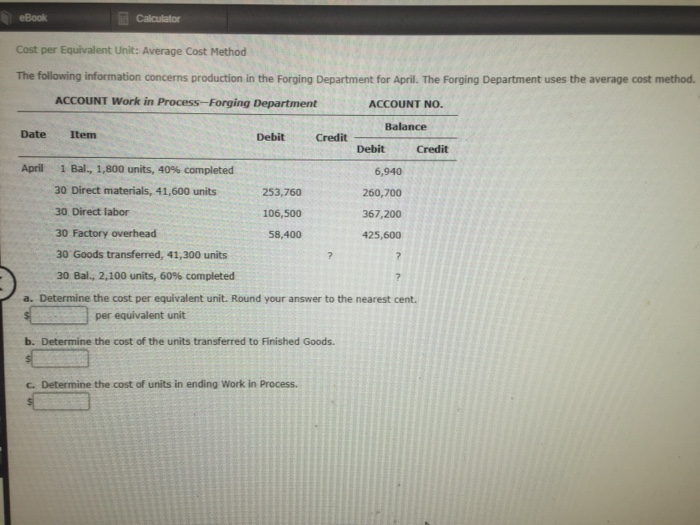 Solved eBook Calculator Cost per Equivalent Unit: Average | Chegg.com