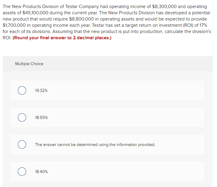 Solved The New Products Division of Testar Company had | Chegg.com