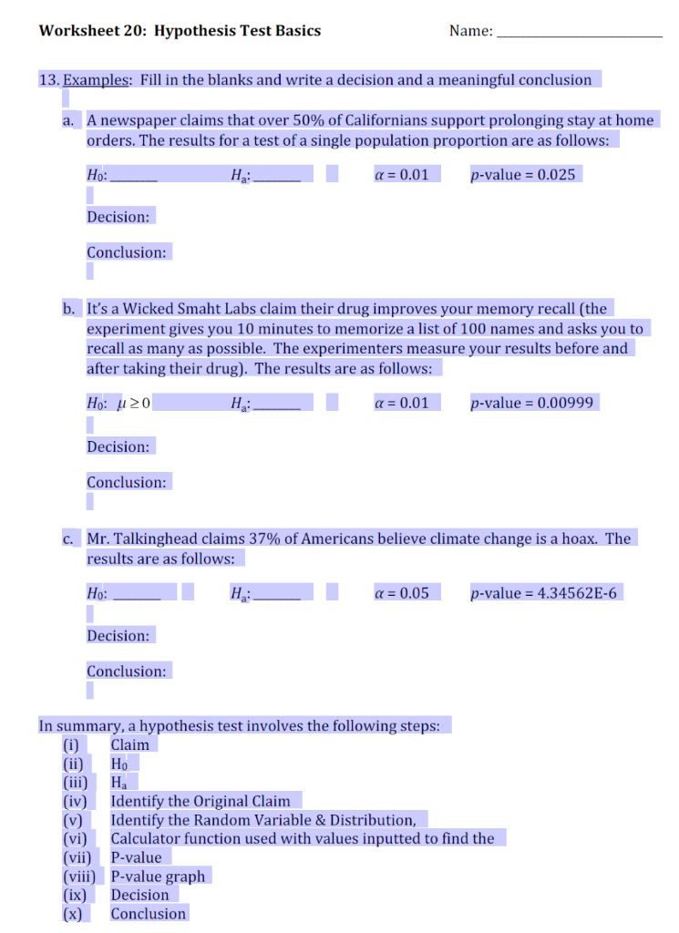 Solved Worksheet 20: Hypothesis Test Basics Name: 13. | Chegg.com