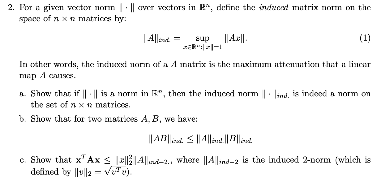 Solved 2. For a given vector norm || . || over vectors in | Chegg.com