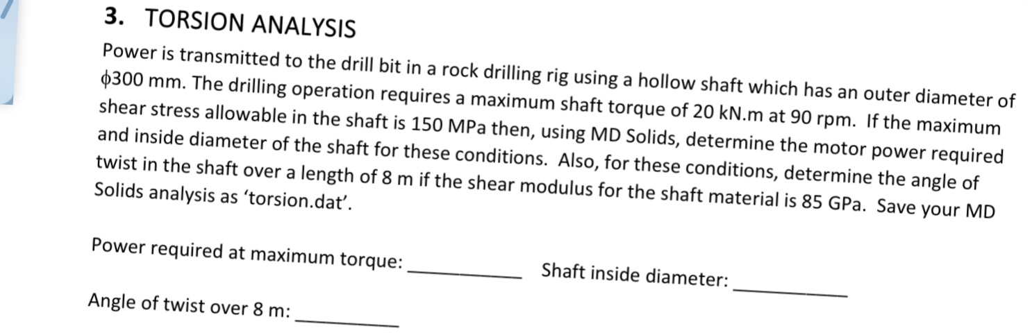 Solved 3. TORSION ANALYSIS Power is transmitted to the drill | Chegg.com