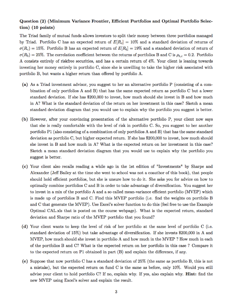Solved Question (2) (Minimum Variance Frontier, Efficient | Chegg.com