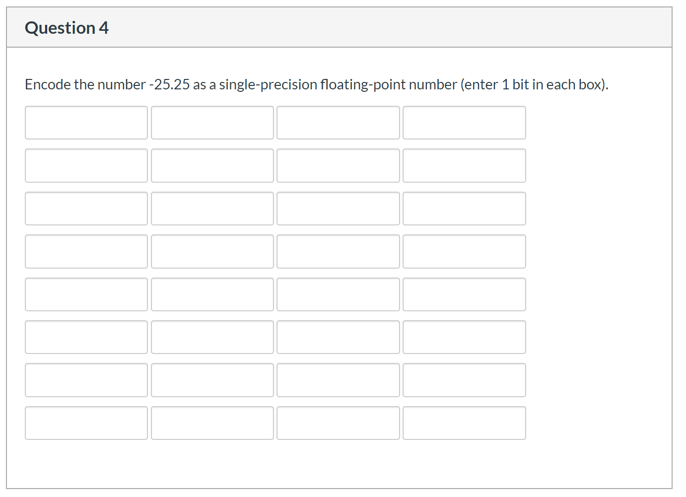 Solved Question 4 Encode the number -25.25 as a | Chegg.com