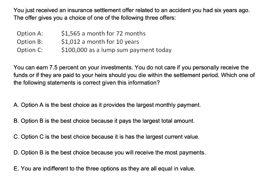 Solved You just received an insurance settlement offer | Chegg.com