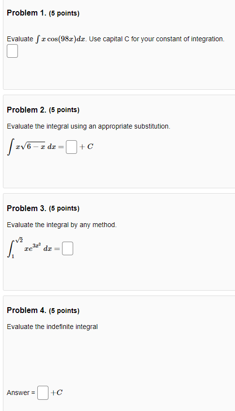 Solved Problem 1. (5 points) Evaluate S x cos(98x)dr. Use | Chegg.com Solved Problem 1. (5 points) Evaluate S x cos(98x)dr. Use | Chegg.com