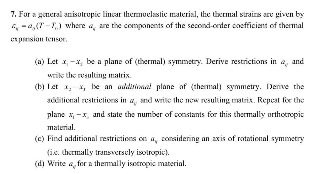 Solved 7. For a general anisotropic linear thermoelastic | Chegg.com