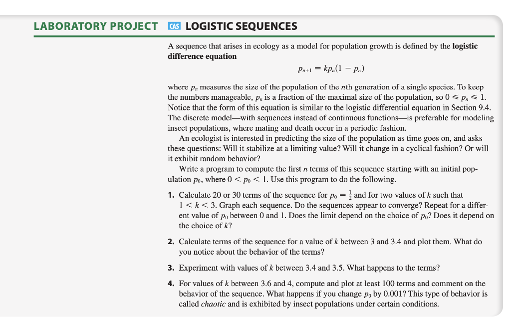 LABORATORY PROJECT CAS LOGISTIC SEQUENCES A sequence | Chegg.com