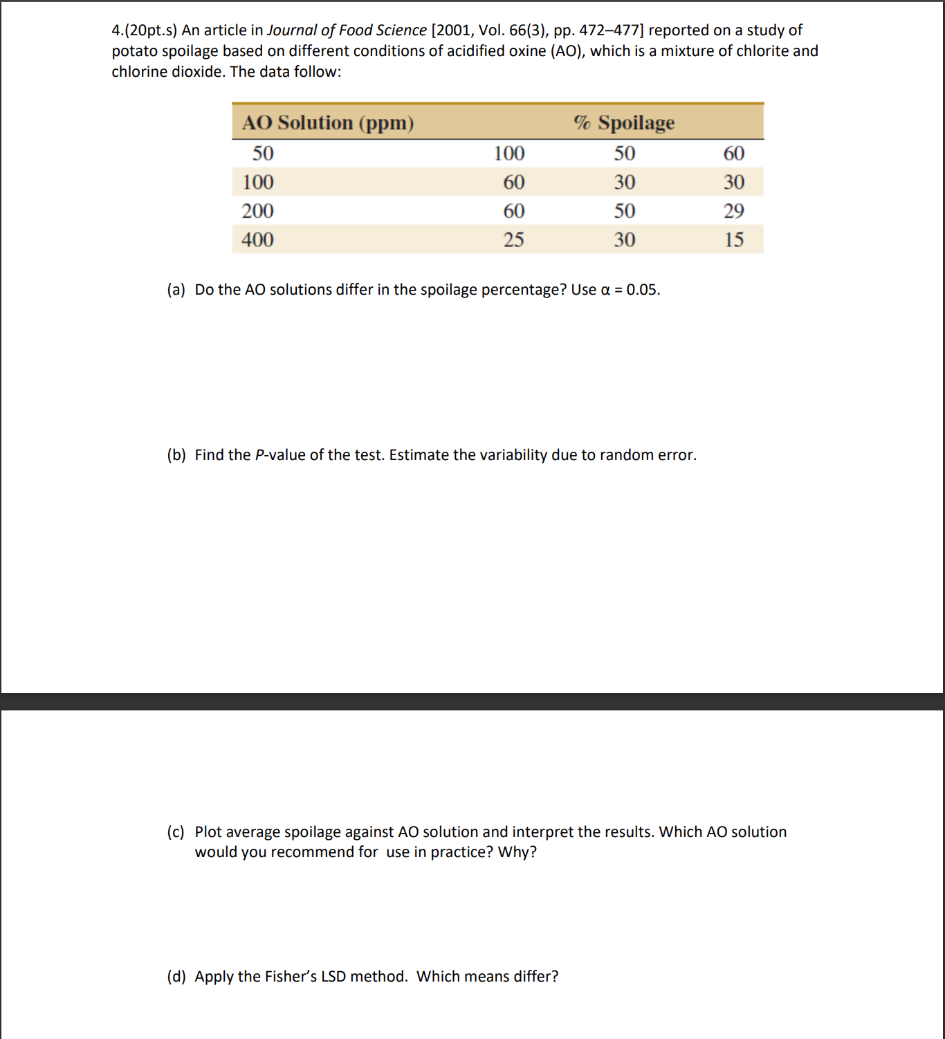 Solved 4.(20pt.s) An article in Journal of Food Science | Chegg.com