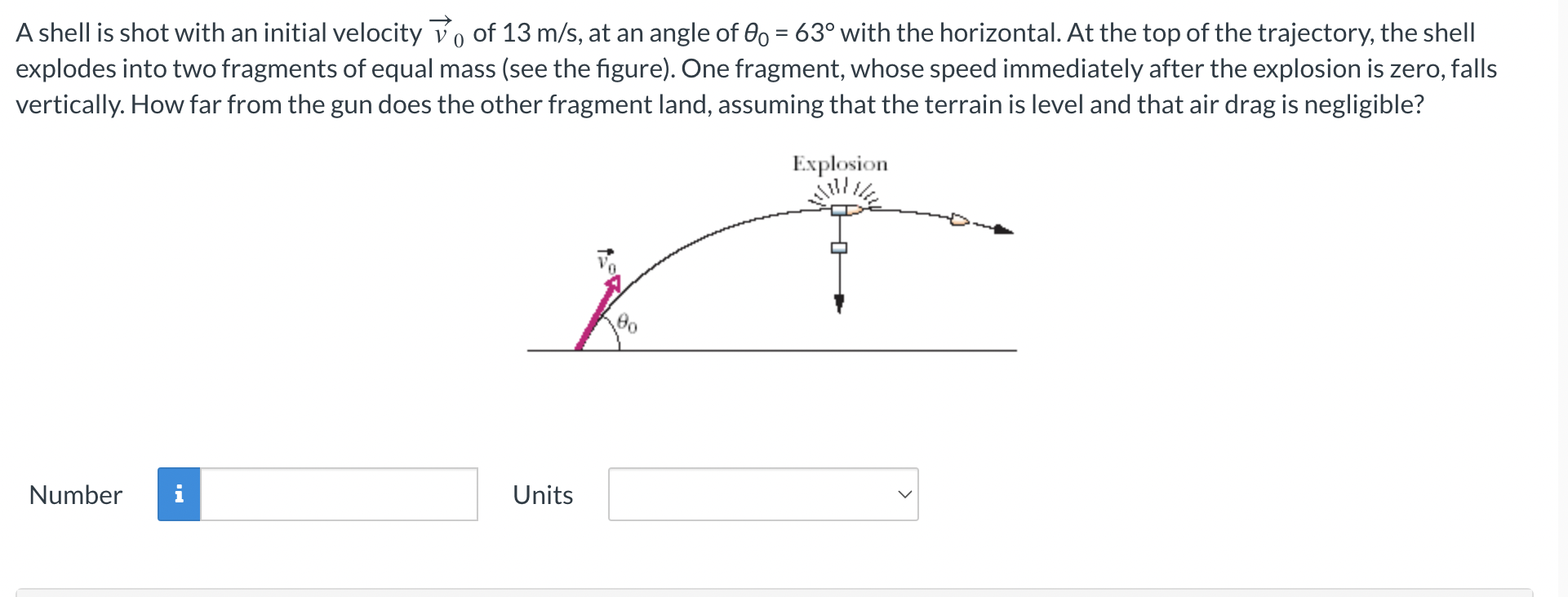 Solved A shell is shot with an initial velocity v0 of 13 | Chegg.com