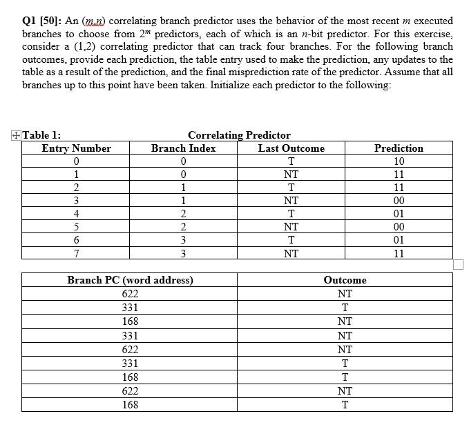 Q1 [50]: An (man) correlating branch predictor uses | Chegg.com