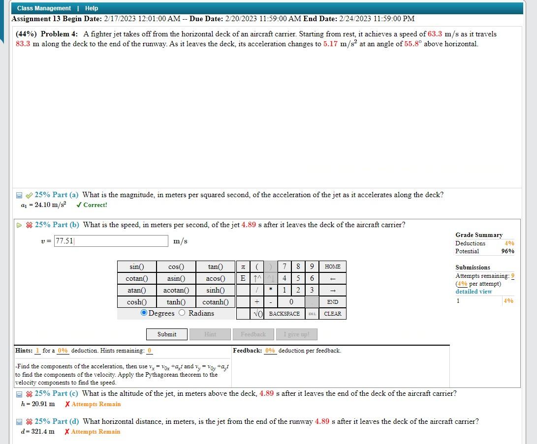 Solved (44\%) Problem 4: A fighter jet takes off from the | Chegg.com