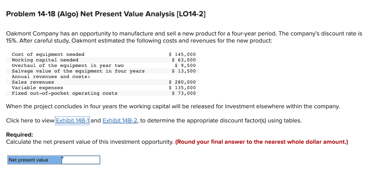 Solved Problem 14-18 (Algo) Net Present Value Analysis | Chegg.com
