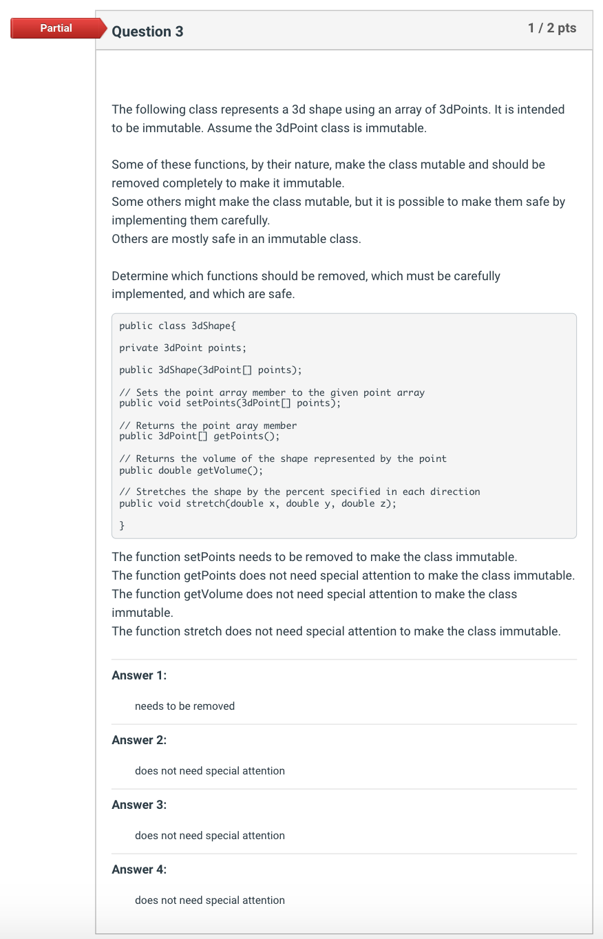 Solved The following class represents a 3 d shape using an | Chegg.com