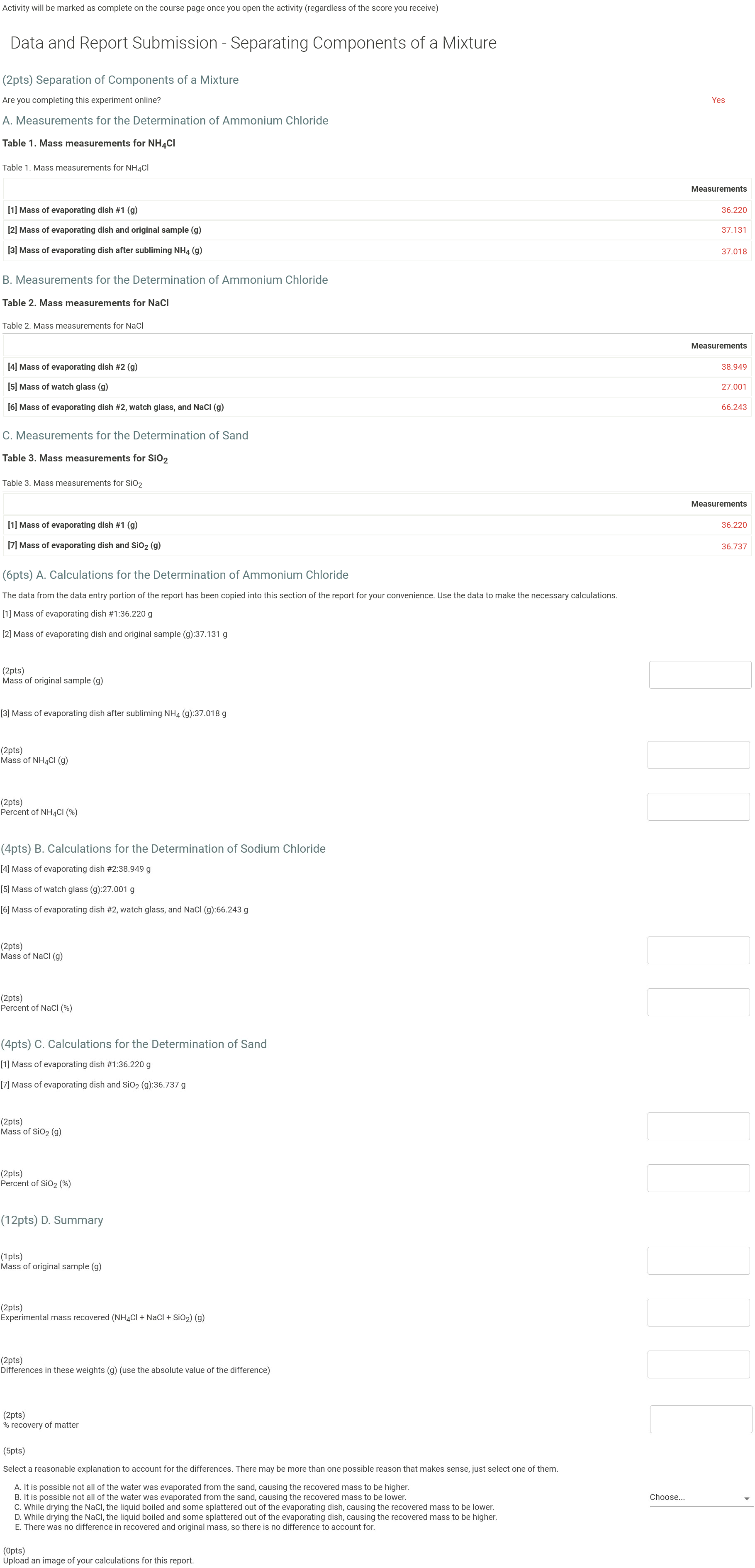 Solved Data and Report Submission - Separating Components of | Chegg.com