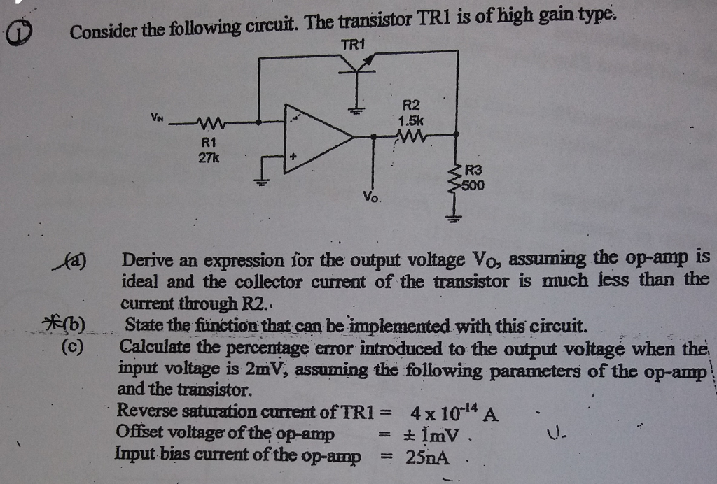Solved Consider the following circuit. The transistor TR1 is | Chegg.com