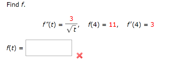 Solved Find f. f′′(t)=t3,f(4)=11,f′(4)=3 f(t)= | Chegg.com