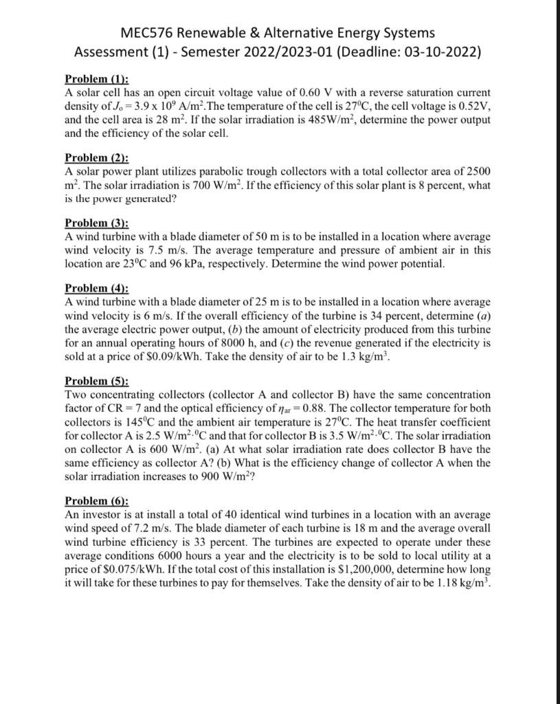 MEC576 Renewable \& Alternative Energy Systems | Chegg.com