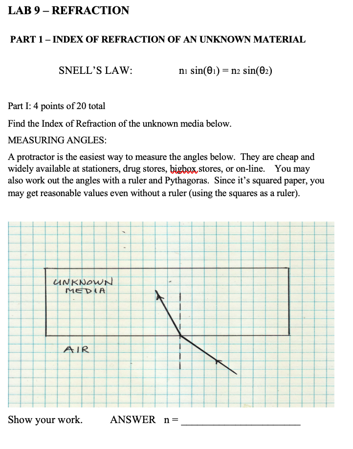 Solved LAB 9 - REFRACTION PART 1 - INDEX OF REFRACTION OF AN | Chegg.com