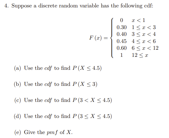 Solved 4. Suppose a discrete random variable has the | Chegg.com
