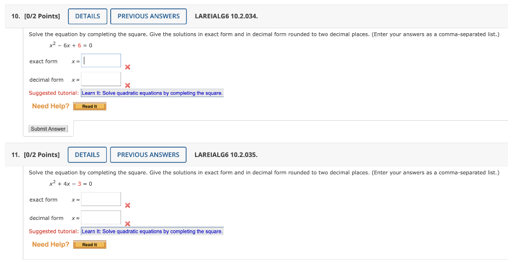 Solved [0/2 Points] LAREIALG6 10.2.034. Solve the equation | Chegg.com