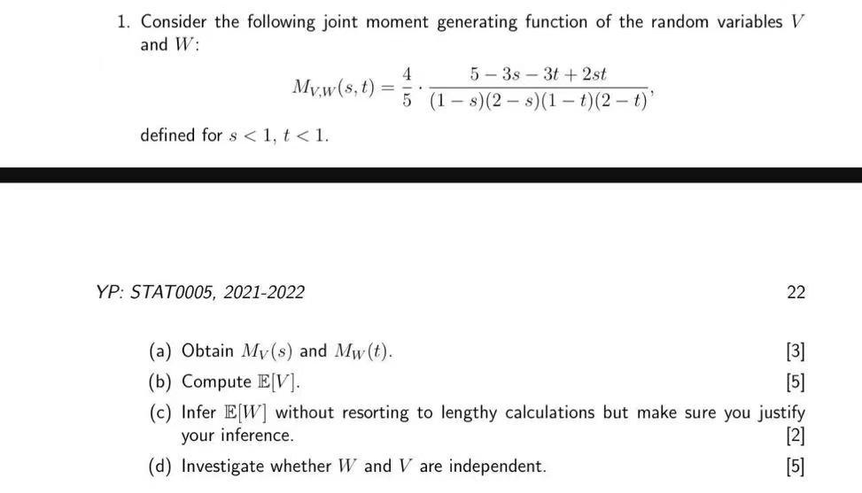 Solved 1. Consider the following joint moment generating | Chegg.com