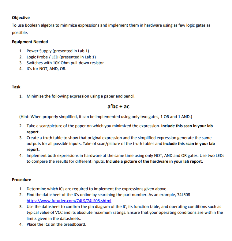 Solved Objective To Use Boolean Algebra To Minimize