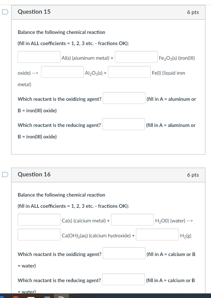 Solved Balance the following chemical reaction (fill in ALL | Chegg.com