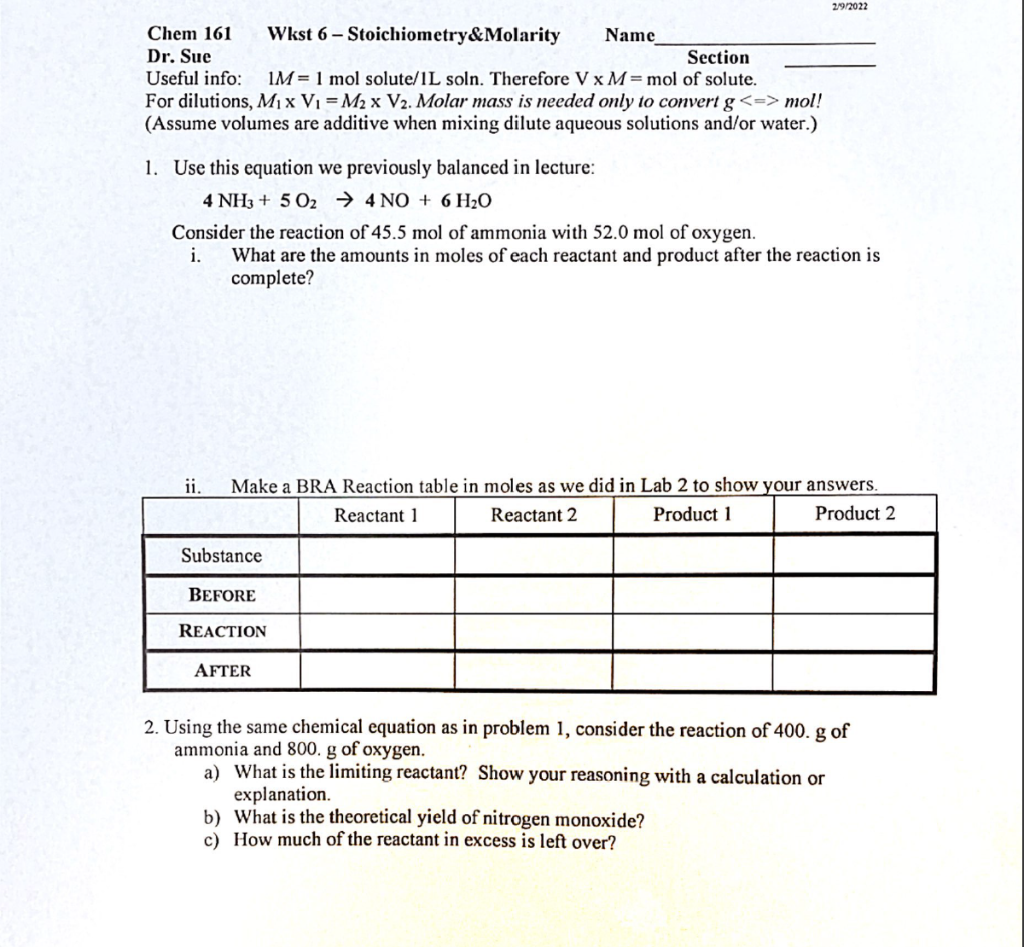 Solved 2/9/2022 Chem 161 Wkst 6 - Stoichiometry&Molarity | Chegg.com