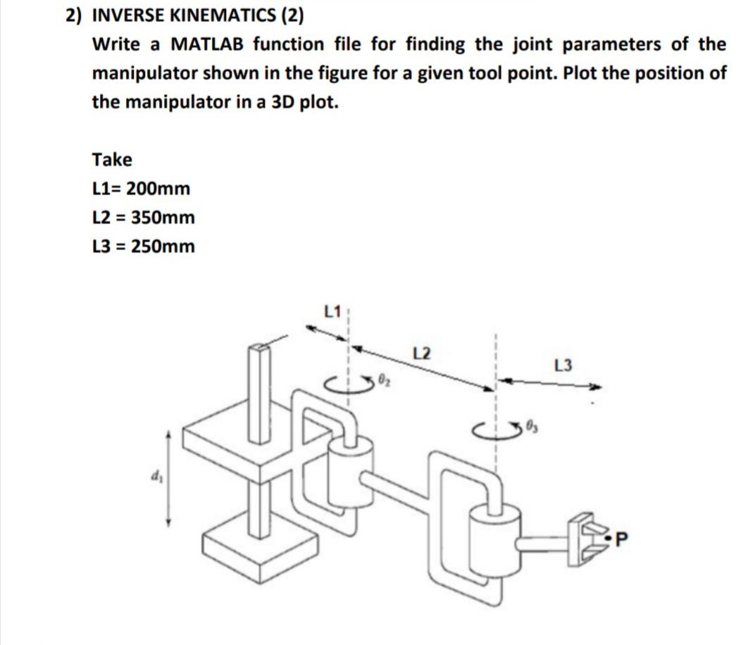 Solved 2) INVERSE KINEMATICS (2) Write a MATLAB function | Chegg.com