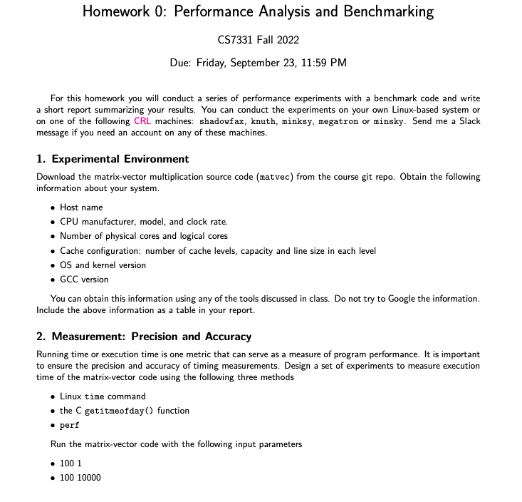 Solved Homework 0: Performance Analysis and Benchmarking | Chegg.com