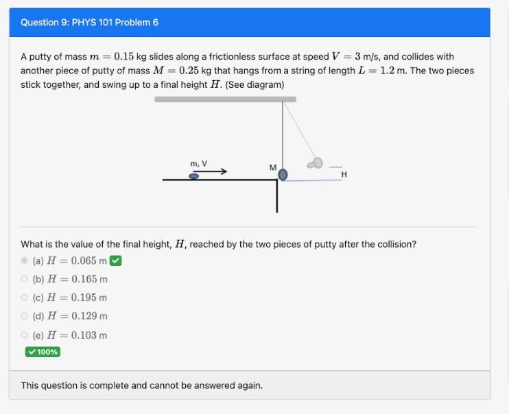 Solved A putty of mass m=0.15 kg slides along a frictionless | Chegg.com