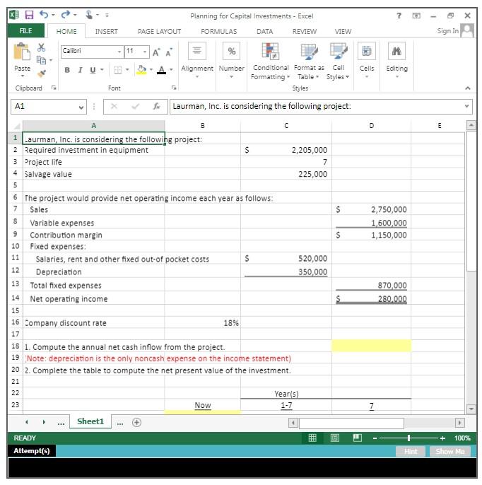 Solved Planning for Capital Investments - Excel ? - X 1 FILE | Chegg.com
