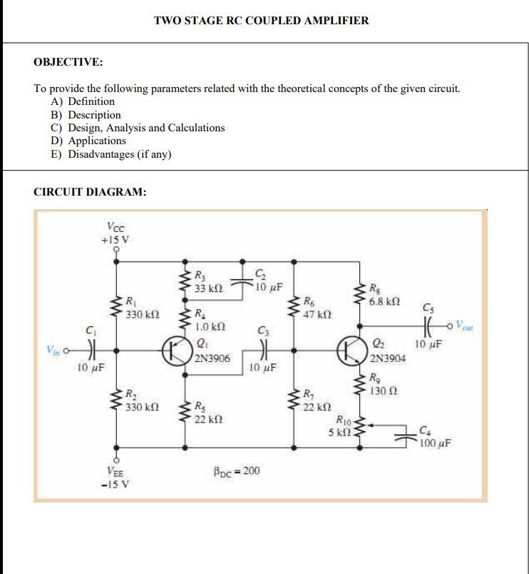 TWO STAGE RC COUPLED AMPLIFIER OBJECTIVE: To provide | Chegg.com