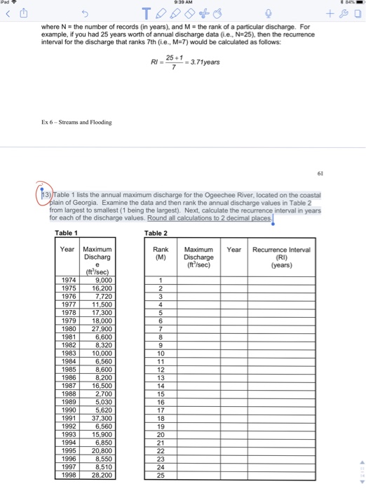 Solved 13) Table 1 lists the annual maximum discharge for | Chegg.com
