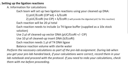 Solved Setting up the ligation reactions A. Information for | Chegg.com